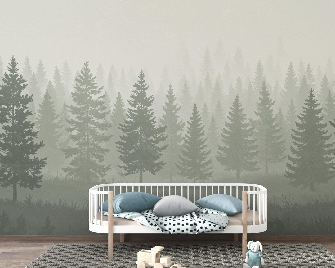 Dreamy Forest Wallpaper Mural – Watercolor Evergreen Trees, Forest ...