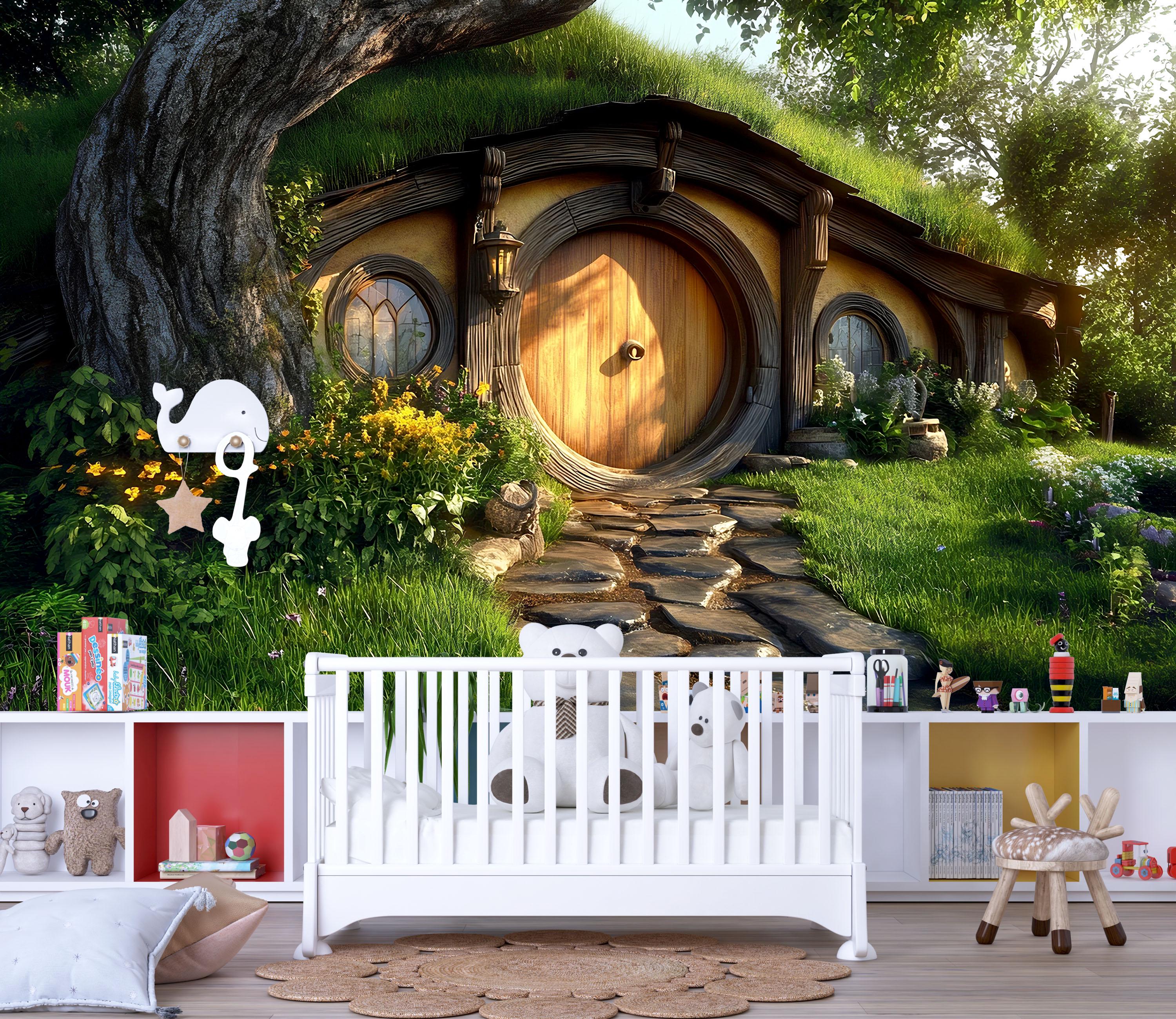 Whimsical Hobbit House Wall Mural for Kids Room – Fantasy Forest Nature ...
