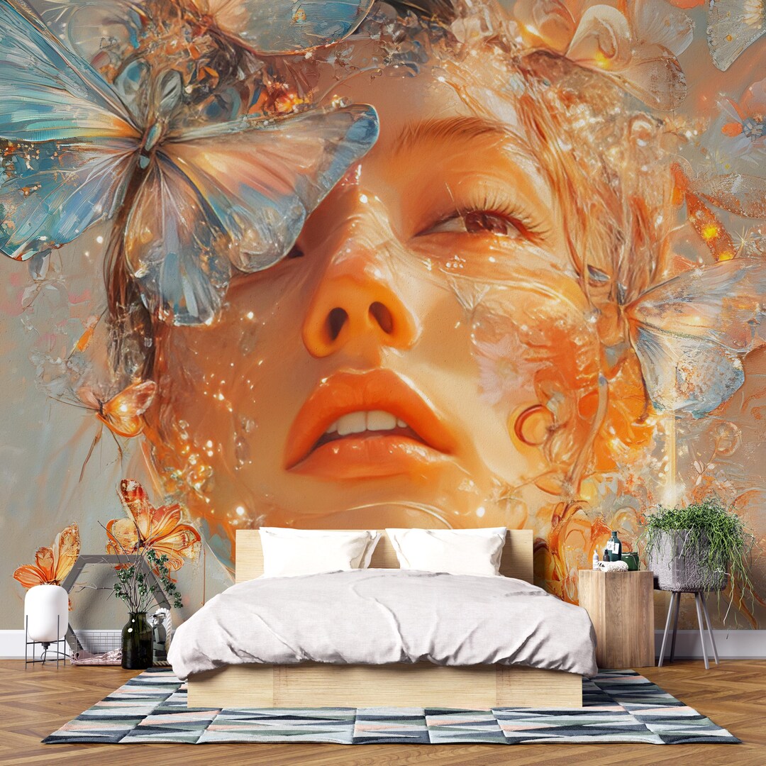 Surreal Butterfly Woman Wall Mural, Dreamy Face Art Print, Bedroom ...