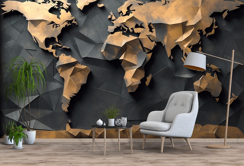 3D World Map Wall Mural Office Decor | Modern Geography Wall Art ...