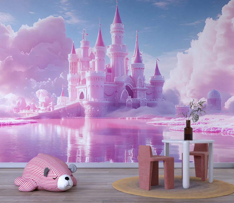 Pink Princess Castle Wall Mural for Kids Room – Fantasy Fairytale ...