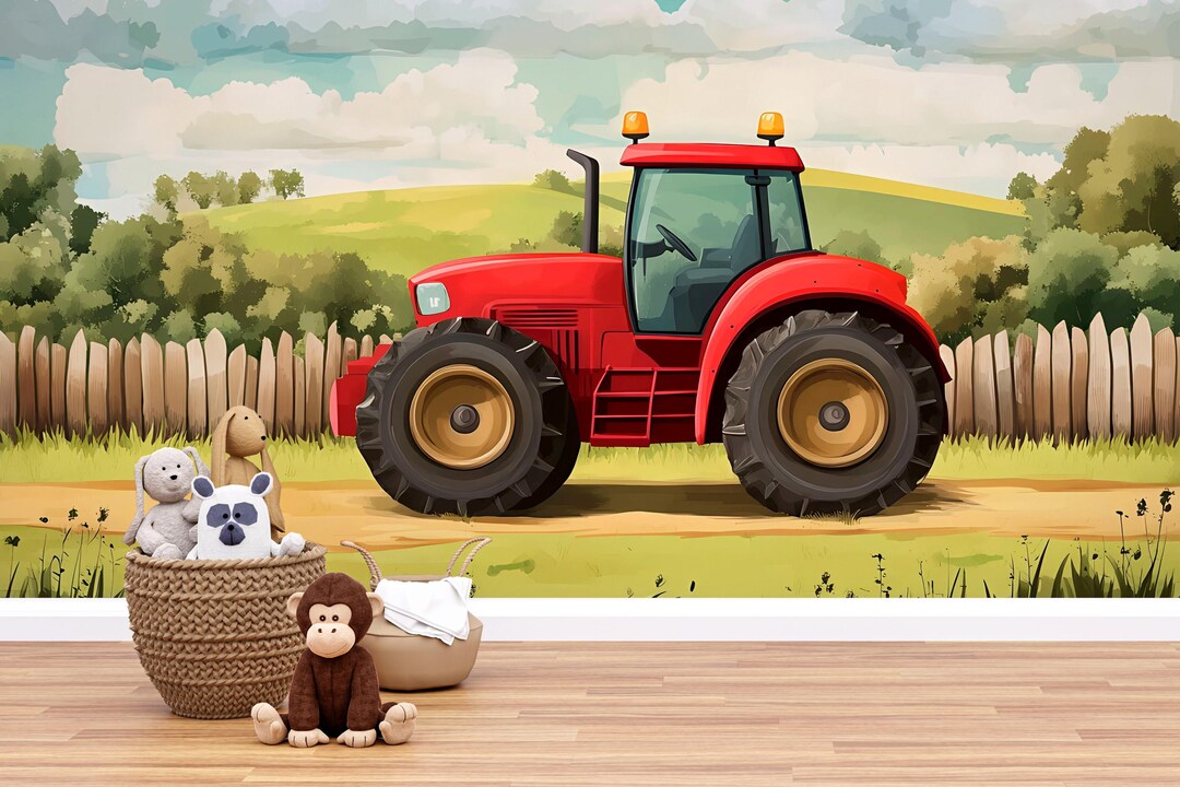 Red Tractor Kids Wall Mural – Farm Scene Wallpaper for Nursery or ...