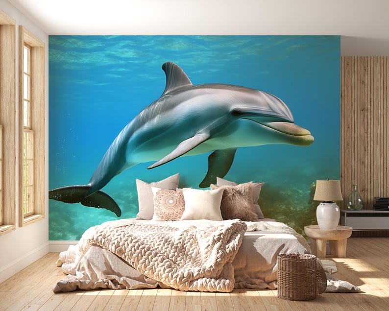 Ocean Dolphin Wall Mural for Bedroom – 3D Underwater Sea Life Wallpaper ...