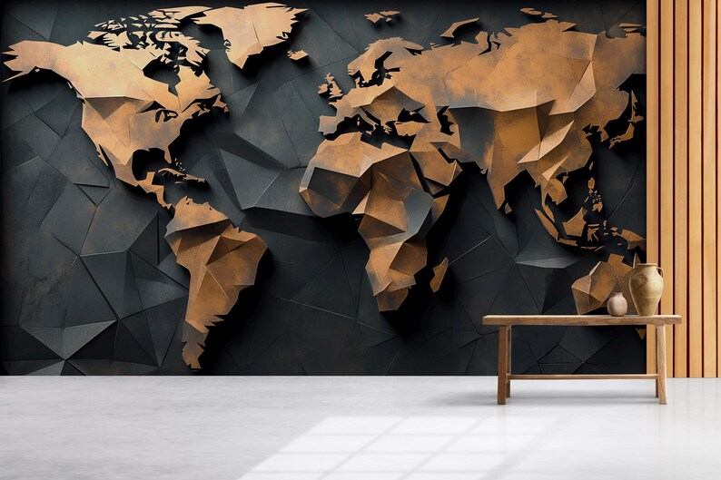 3D World Map Wall Mural Office Decor | Modern Geography Wall Art ...