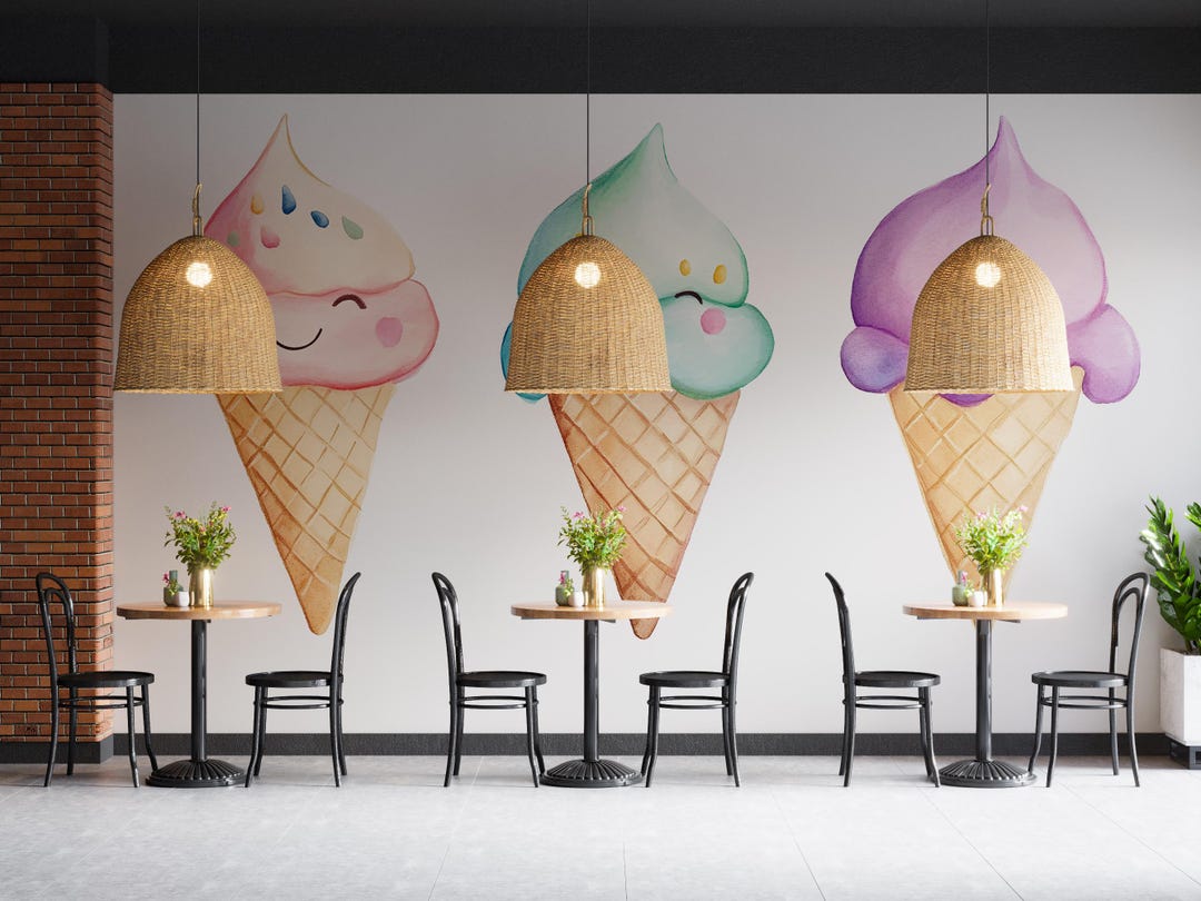 Cute Ice Cream Wall Mural Pastel Ice Cream Cafe Dessert Wall Art Decor ...