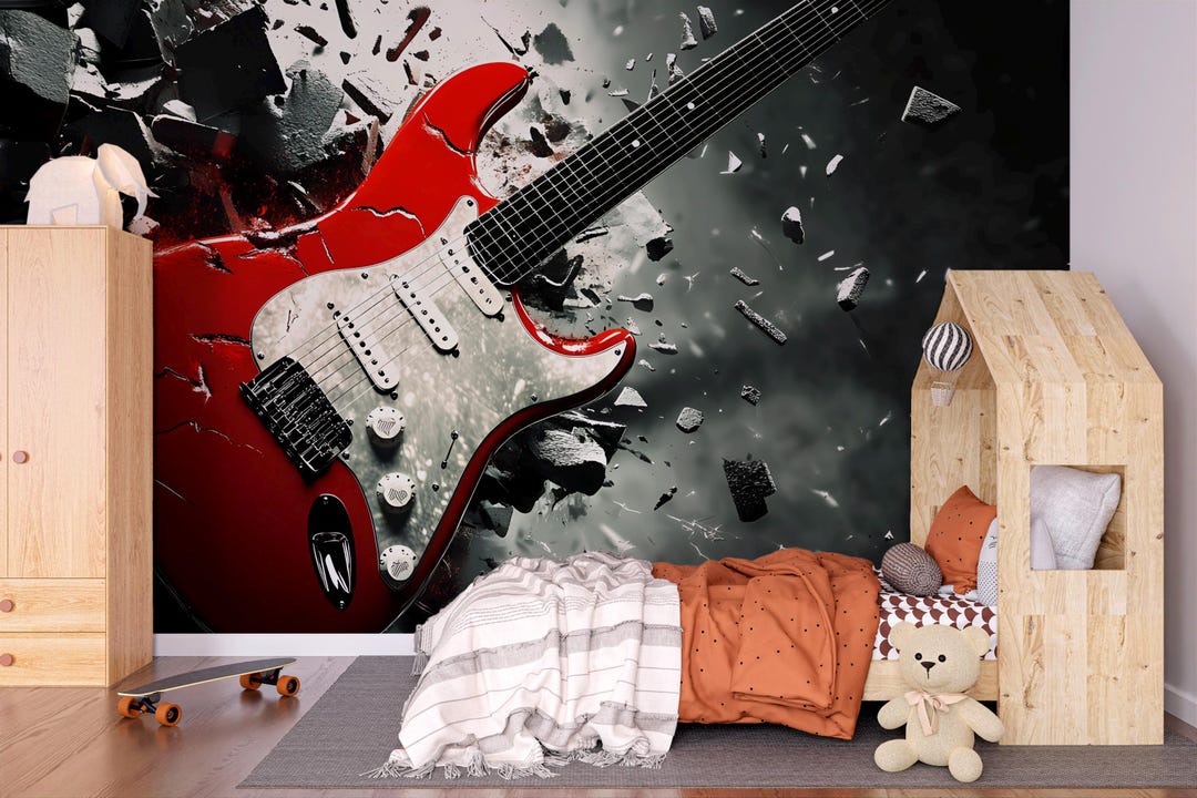Red Electric Guitar Wall Mural for Kids Room – Bold Rock Music ...