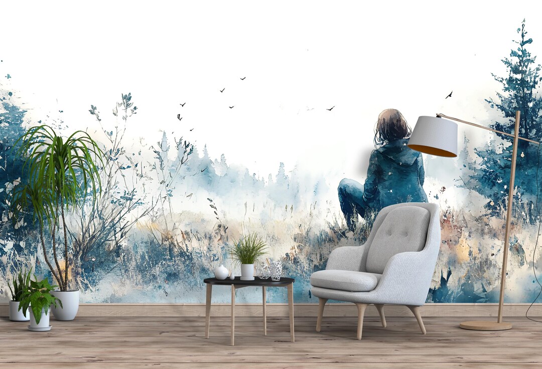 Watercolor Forest Wall Mural – Girl in Nature Art – Serene Blue Landscape Wall Art for Living ...