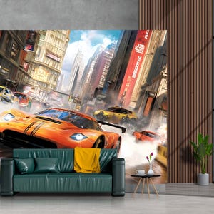Racing Car Wall Mural – Urban Street Race Scene, Sports Car Wallpaper ...