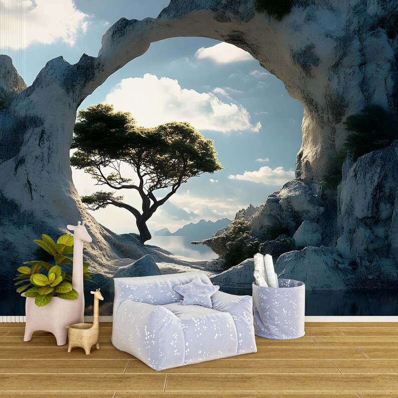 Nature Arch Wall Mural - Tree and Ocean Scenic Wallpaper - Removable ...