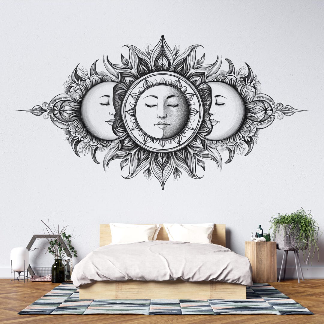 Sun and Moon Wall Mural Celestial Line Art Boho Bedroom Spiritual Decor ...
