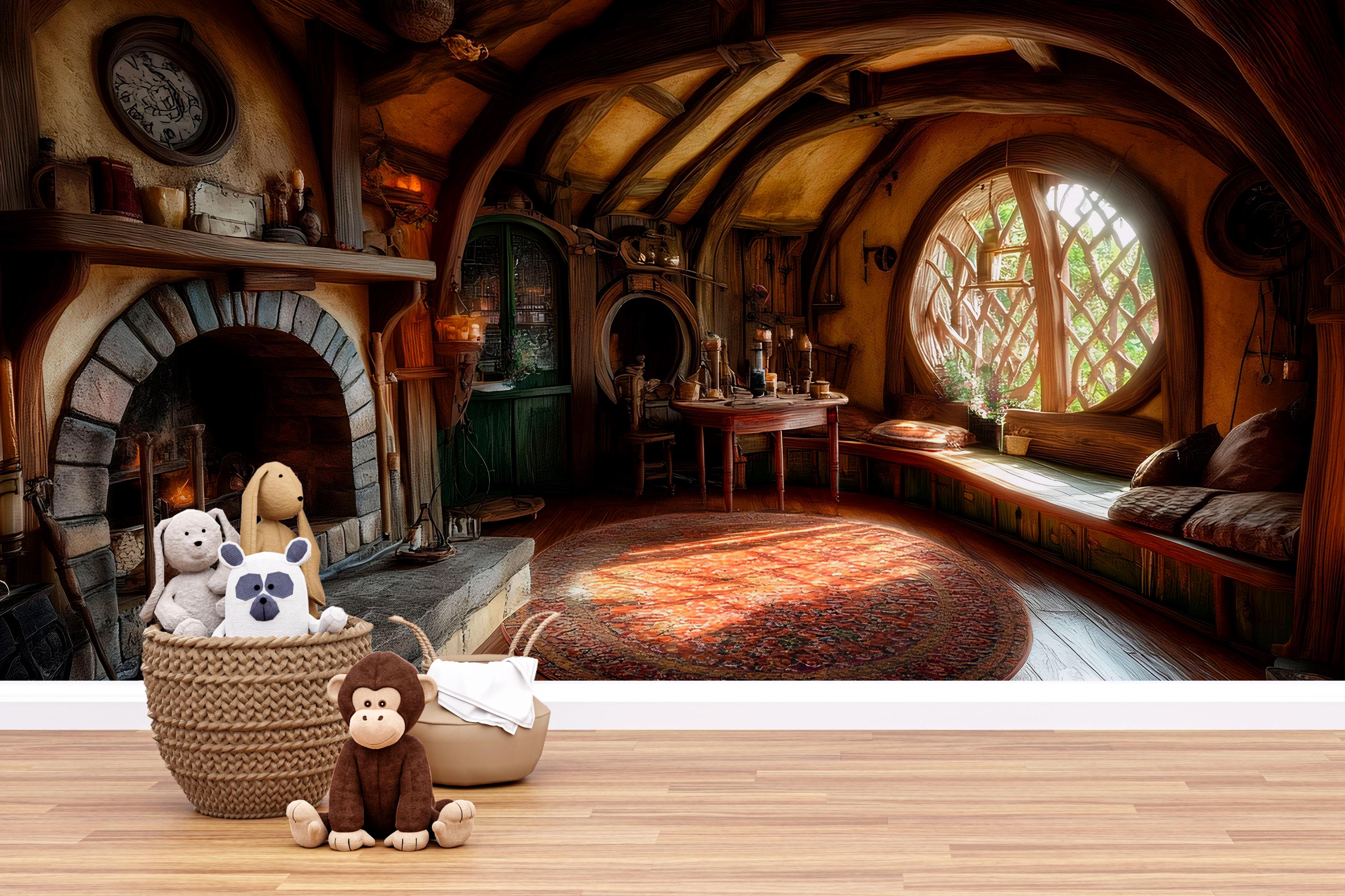 Hobbit-inspired Nursery Wall Mural – Cozy Fantasy Fireplace & Round ...
