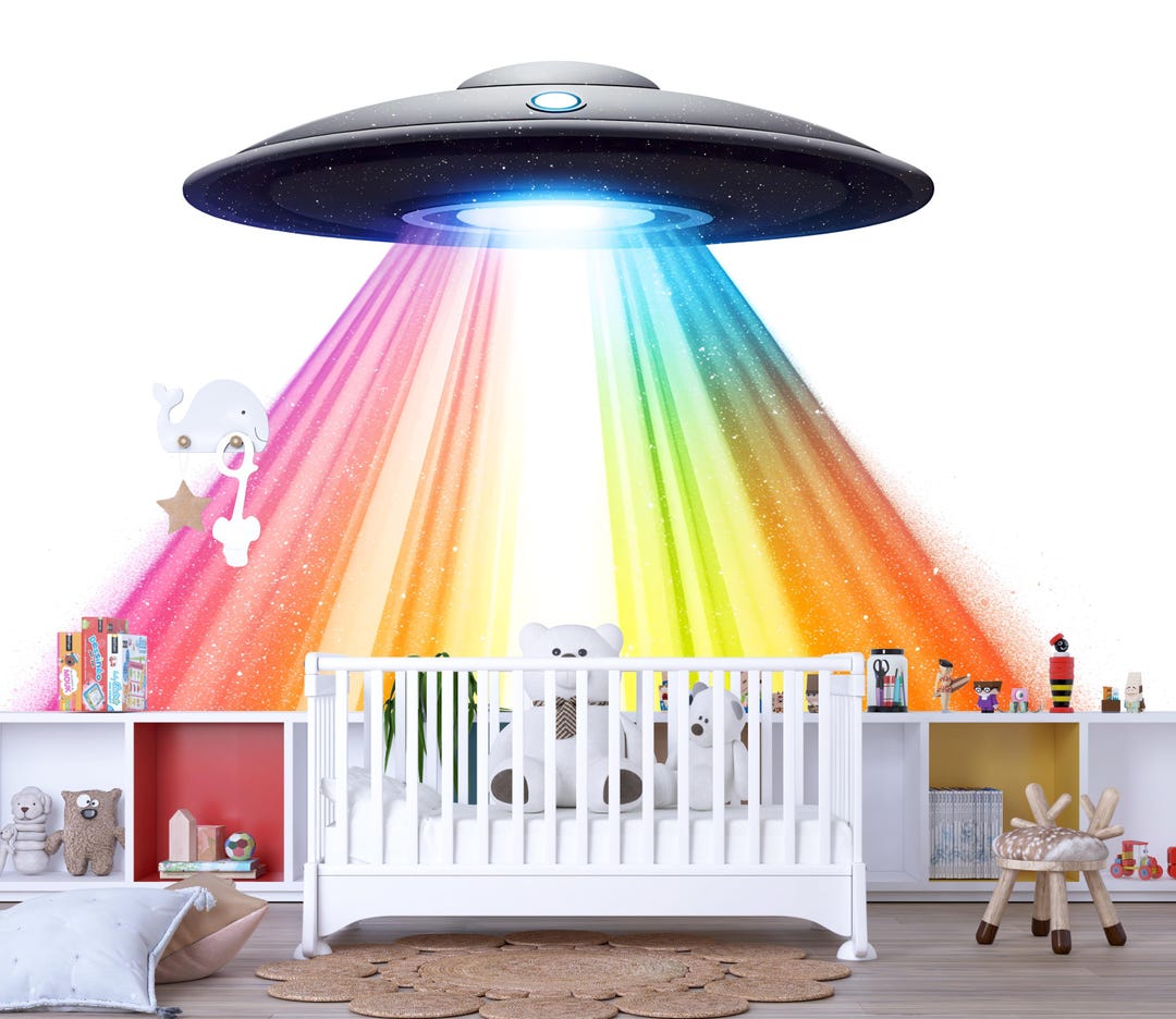 UFO Rainbow Wall Art, Cute Alien Nursery Decor, Space Kids Room Art ...