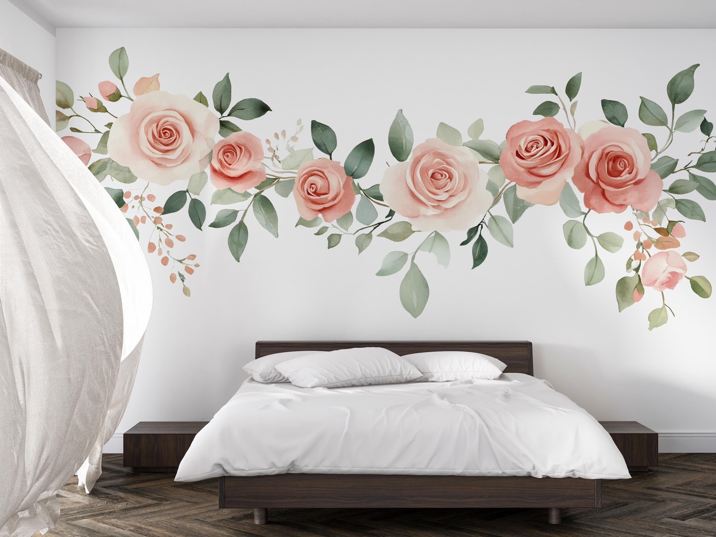 Blush Rose Wall Decal, Large Floral Bedroom Wall Art, Romantic ...