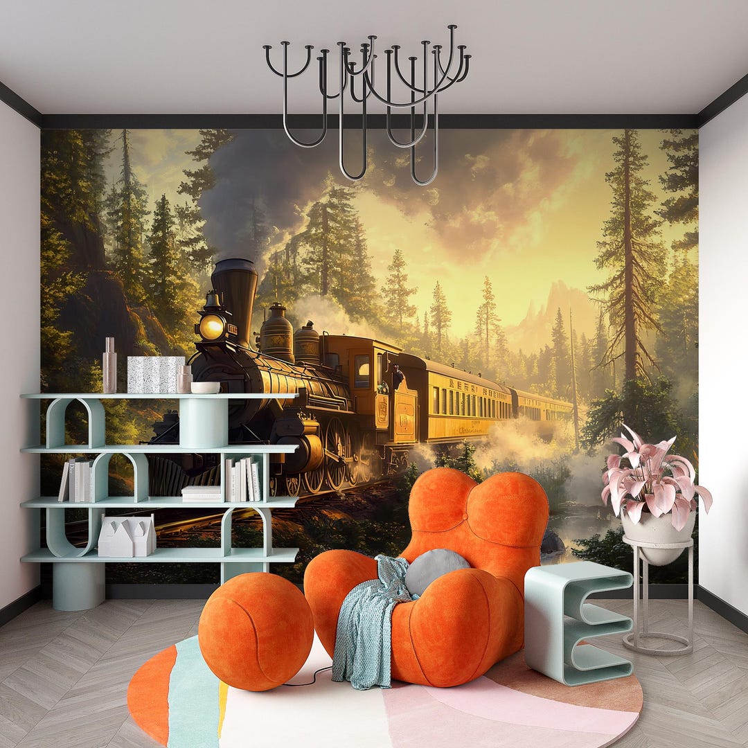 Vintage Steam Train Nursery Mural – Forest Adventure Wall Art for Kids ...
