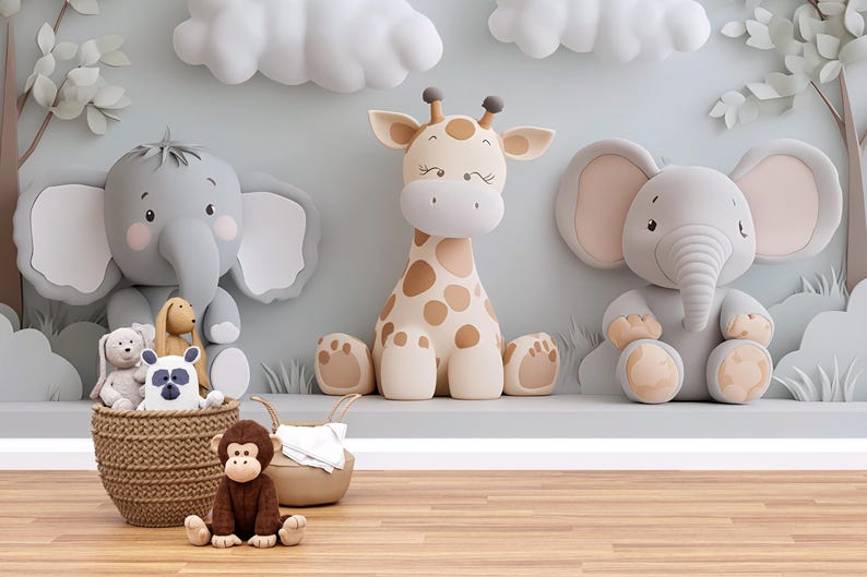 Safari Animal Nursery Wall Art - Giraffe & Elephant 3D Cartoon Mural ...