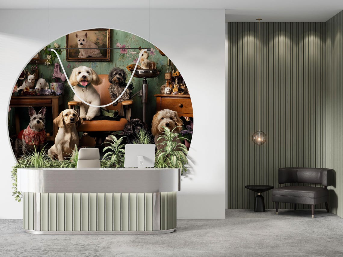 Whimsical Dog Grooming Wall Mural – Cute Dogs Salon Scene, Pet Lover ...