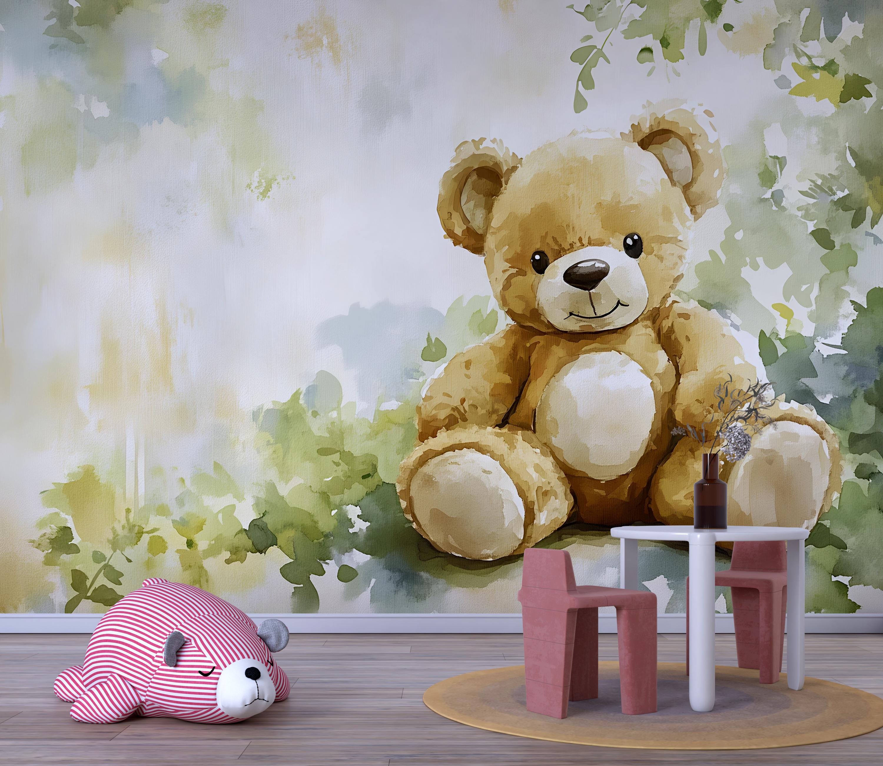 Teddy Bear Nursery Wall Mural - Cute Forest Animal Wallpaper - Baby ...