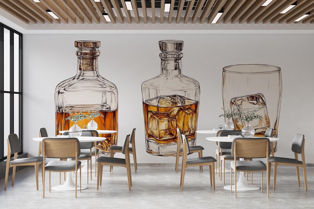 Whiskey Bottle Wall Mural, Bar Wall Art, Bourbon Glass Decor, Modern ...
