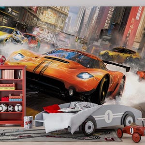 Racing Car Wall Mural – Urban Street Race Scene, Sports Car Wallpaper ...
