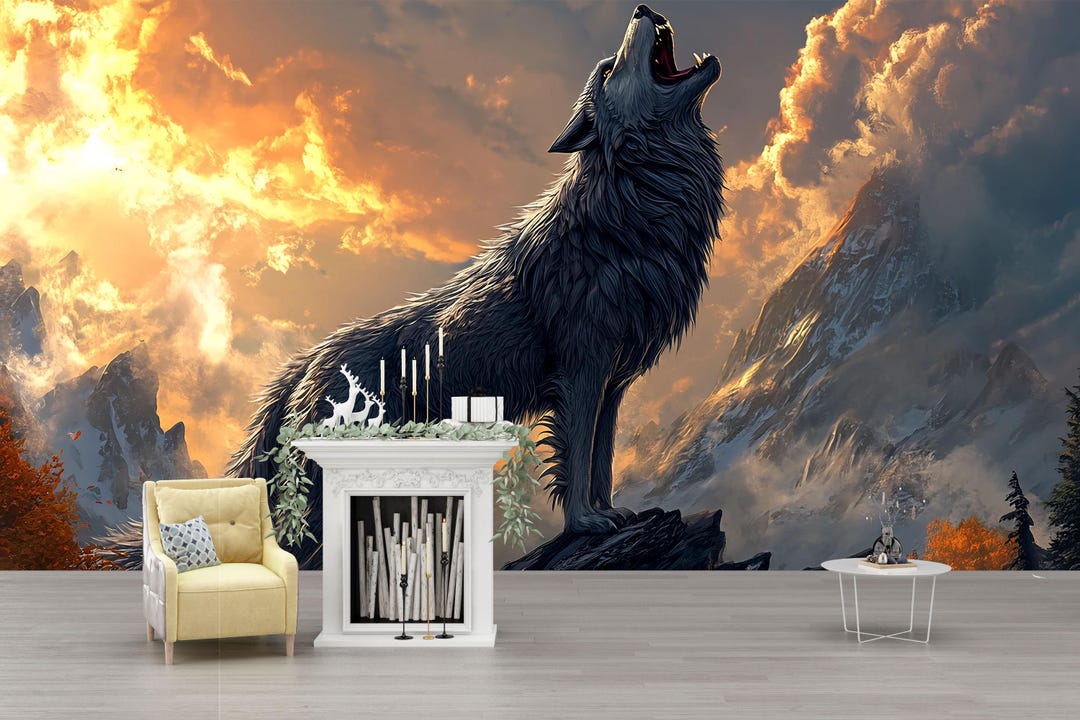 Howling Wolf Wall Mural - Mountain Sunset Forest Animal Art, Wilderness ...