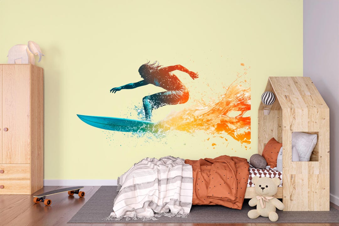 Surf Wall Mural Colorful Surfer Wall Art Ocean Wave Decor Surf Room Art ...