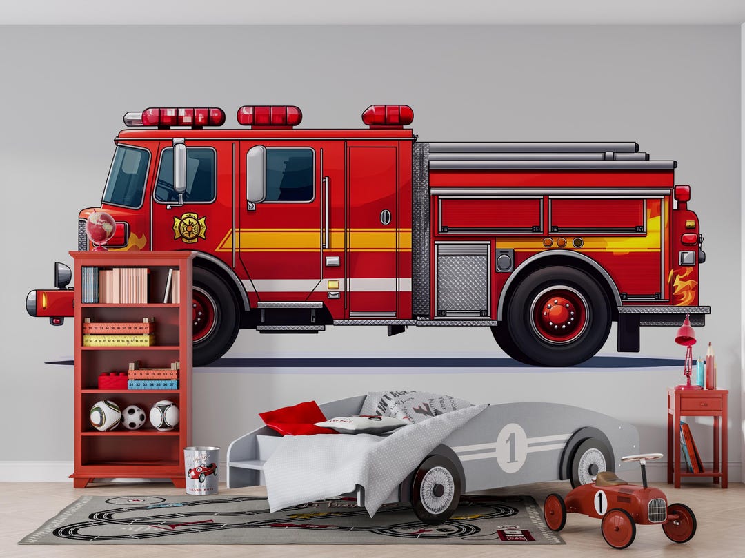 Fire Truck Wall Art for Kids Room, Firefighter Nursery Decor, Red Fire ...