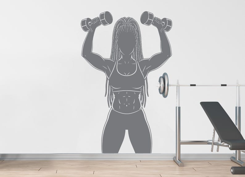 Afro American Girl Locs Gym Wall Decal Power Fitness Women Squat Decor ...