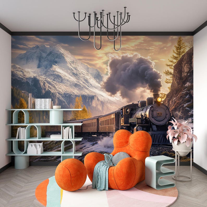 Steam Train Wall Mural – Vintage Railway in Mountain Landscape | Scenic ...