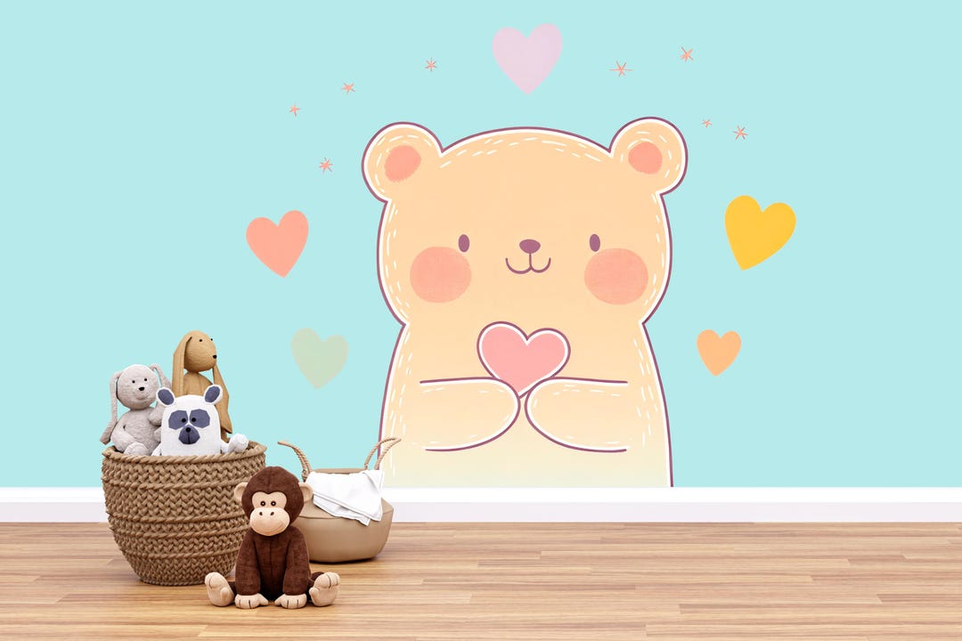 Cute Teddy Bear Wall Mural Nursery, Baby Room Wall Art, Bear Nursery ...