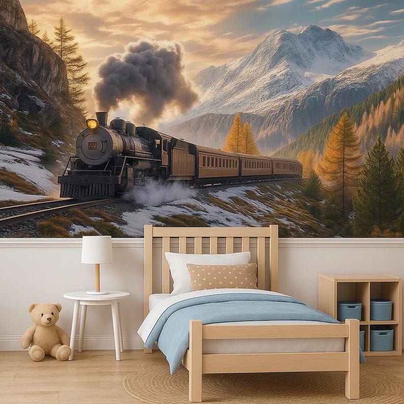 Steam Train Wall Mural – Vintage Railway in Mountain Landscape | Scenic ...