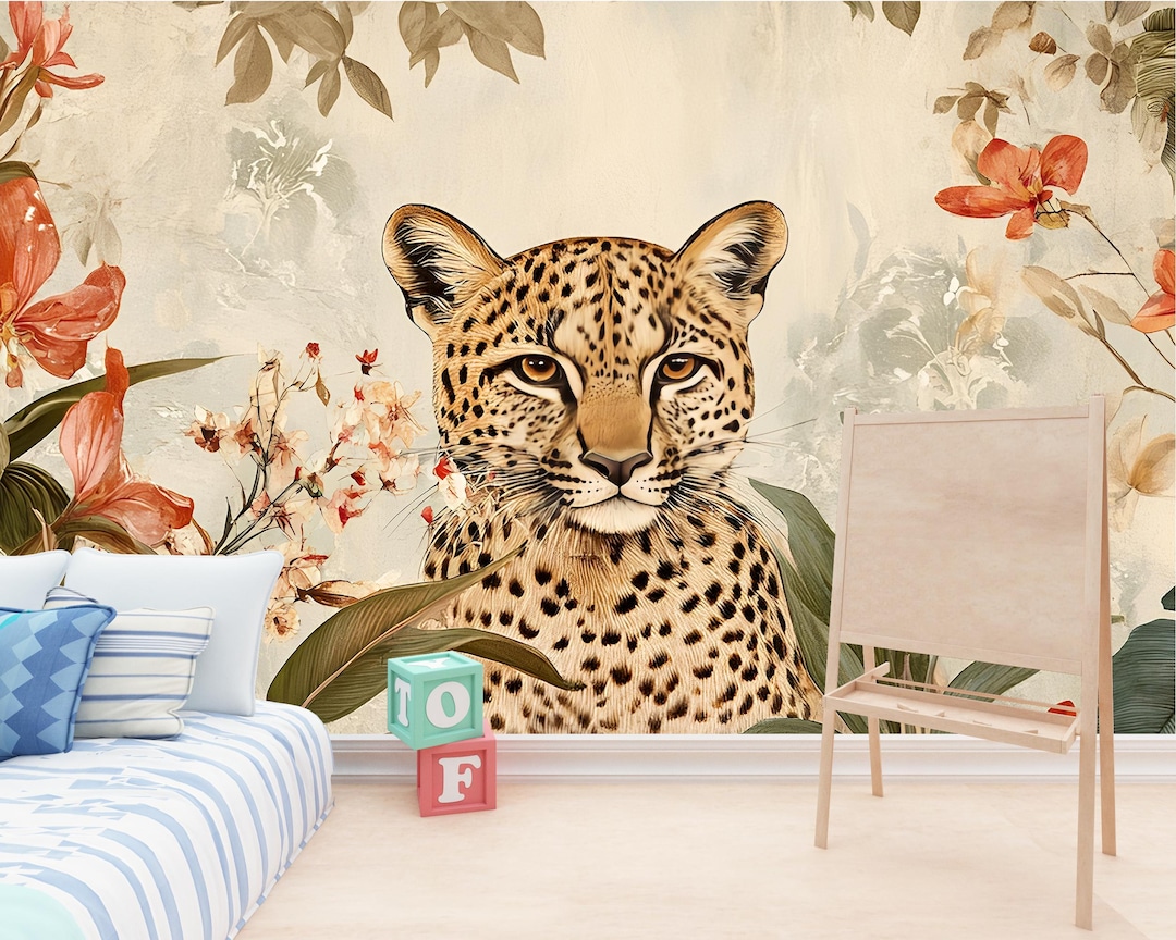 Leopard Jungle Mural Nursery Wallpaper - Safari Animal Wall Art ...