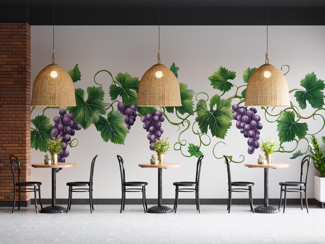 Grape Vineyard Wall Mural, Wine Bar Wall Art, Botanical Grape Decor ...