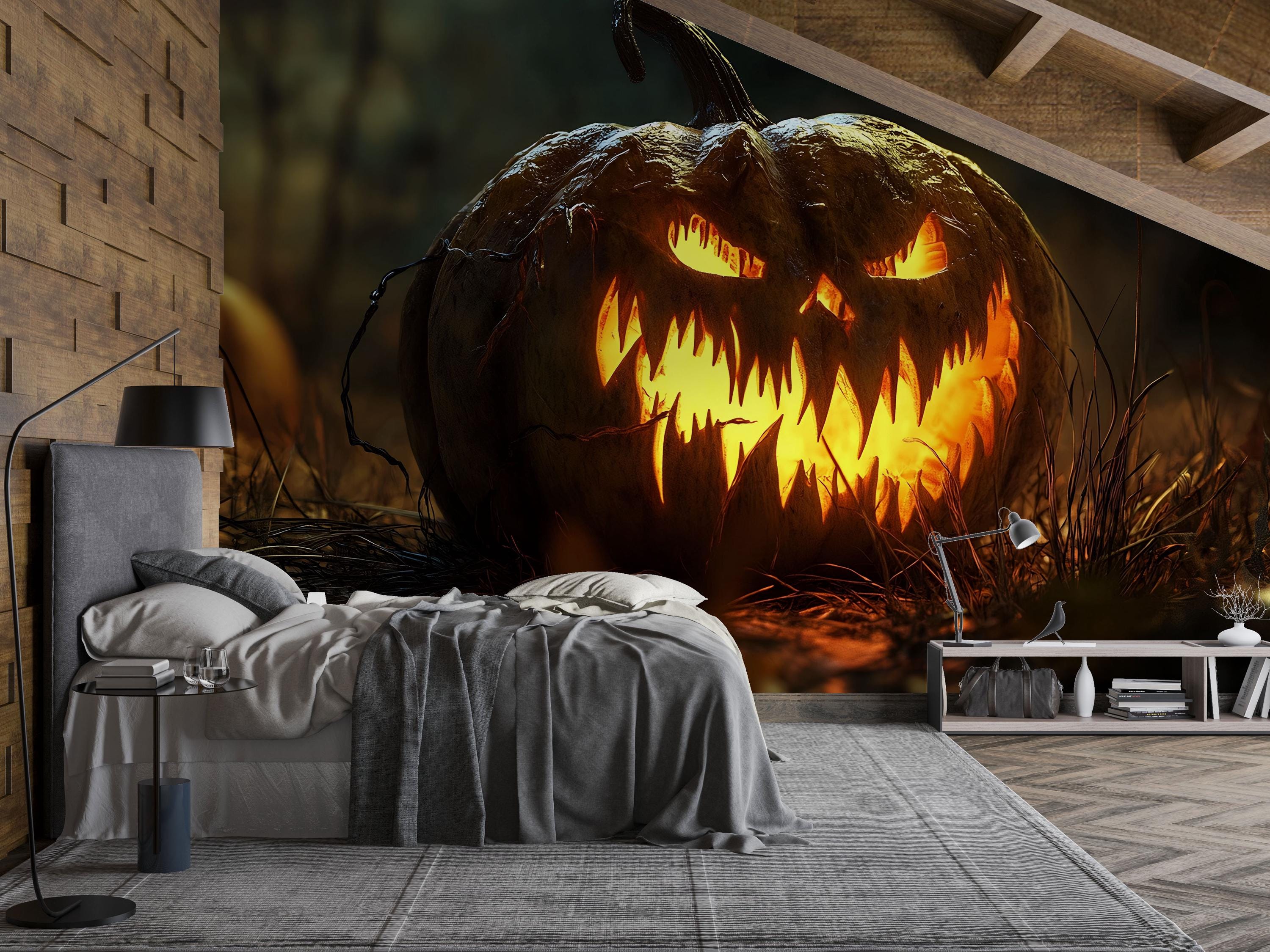 Scary Jack-o’-lantern Wall Mural – Creepy Halloween Horror Pumpkin Art ...