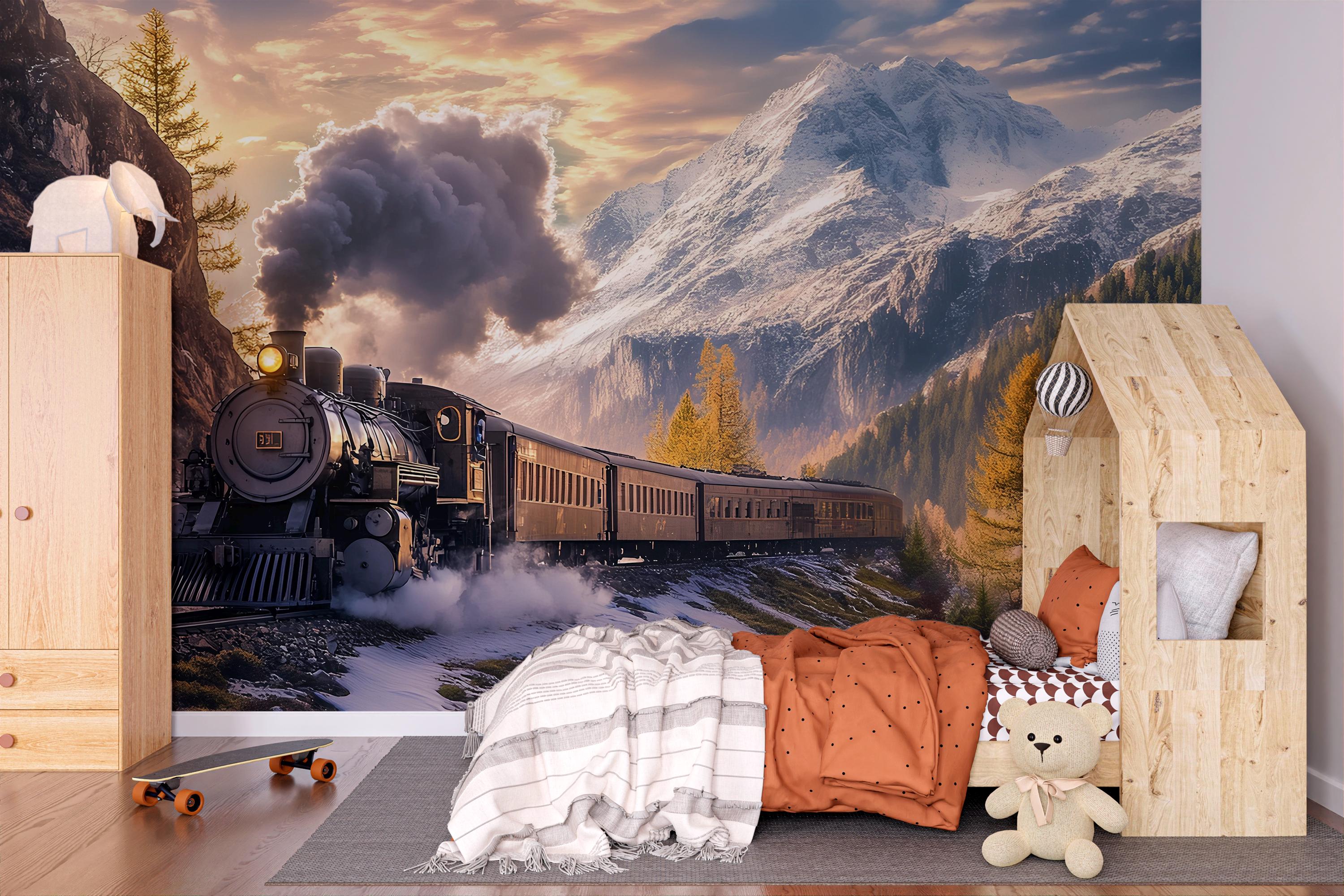 Steam Train Wall Mural – Vintage Railway in Mountain Landscape | Scenic ...