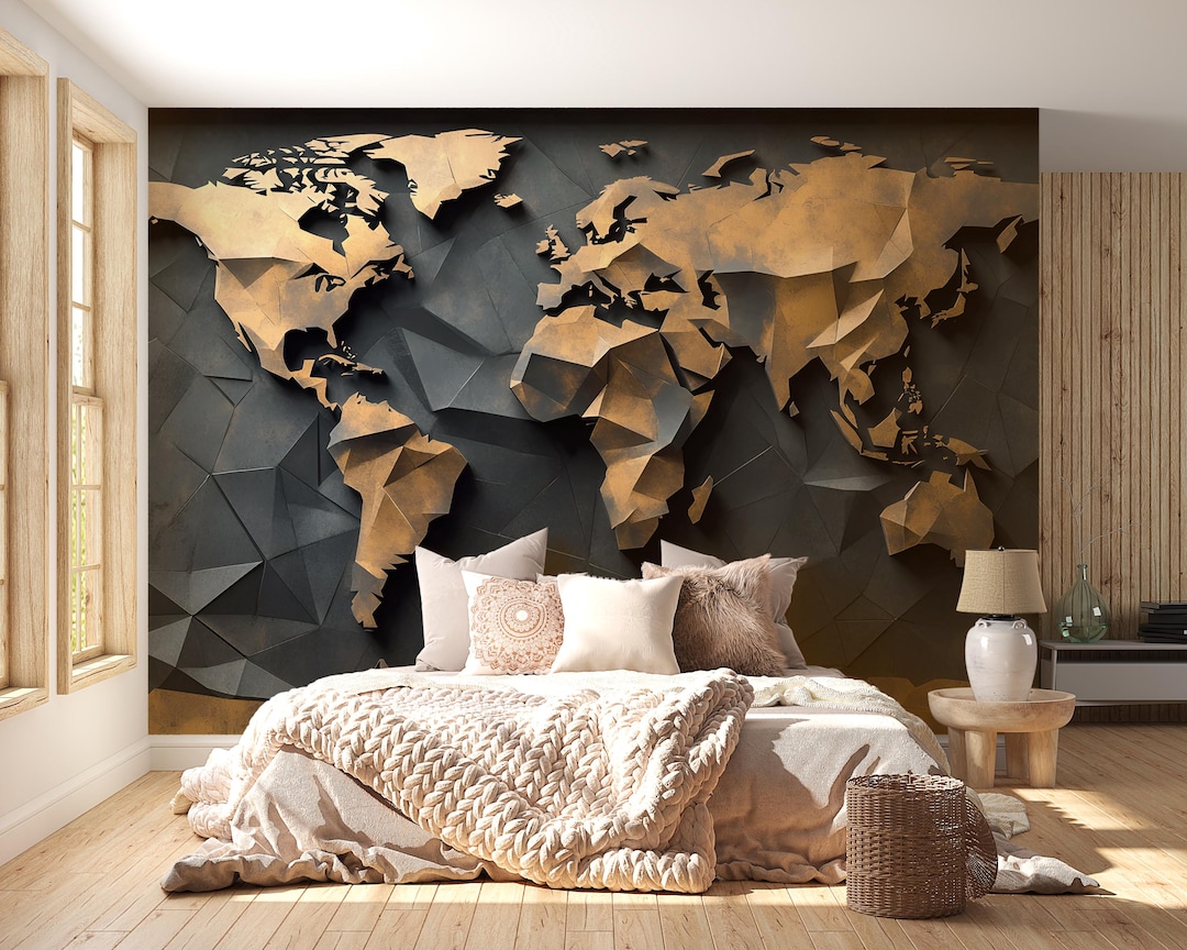 3D World Map Wall Mural Office Decor | Modern Geography Wall Art ...