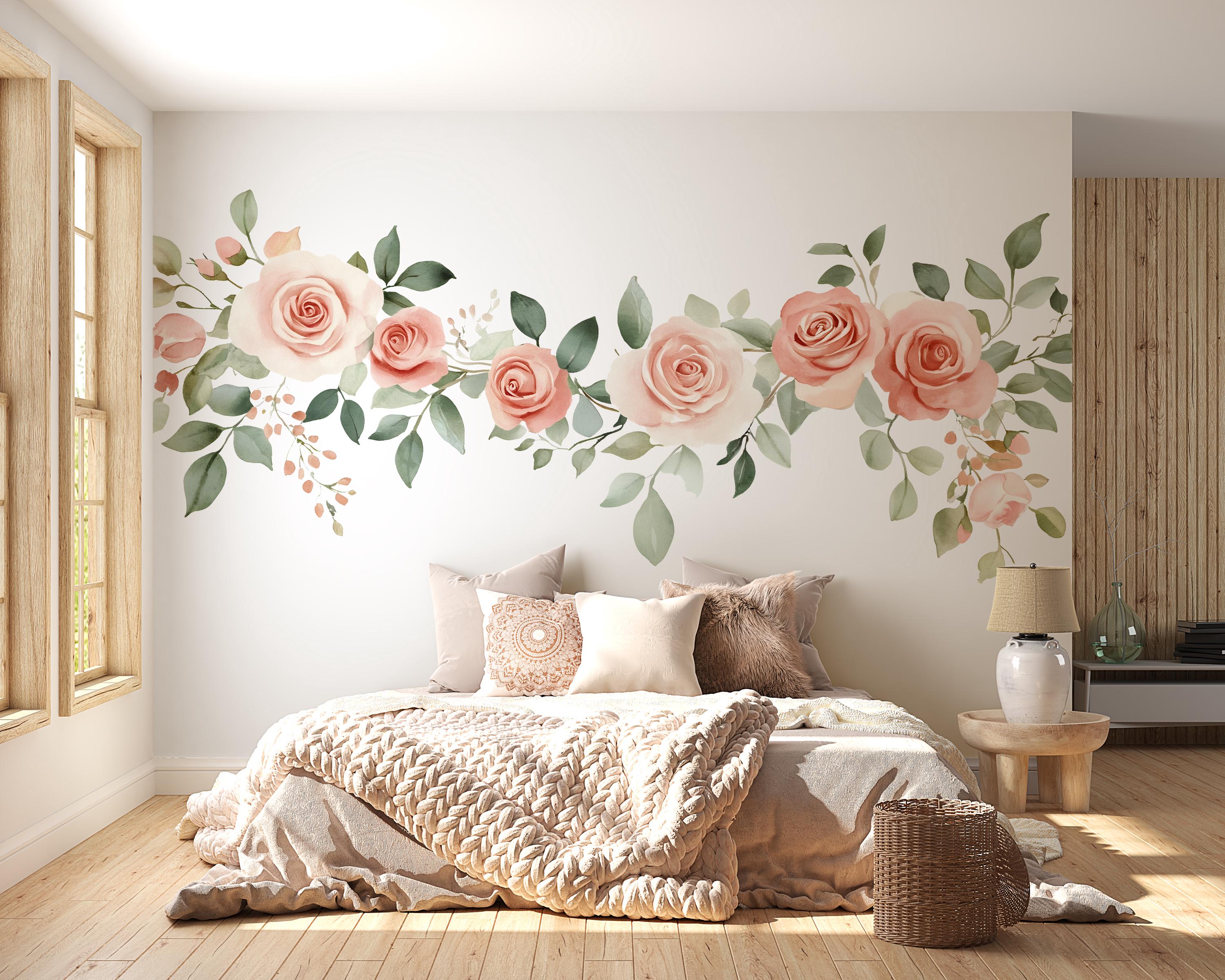 Blush Rose Wall Decal, Large Floral Bedroom Wall Art, Romantic ...