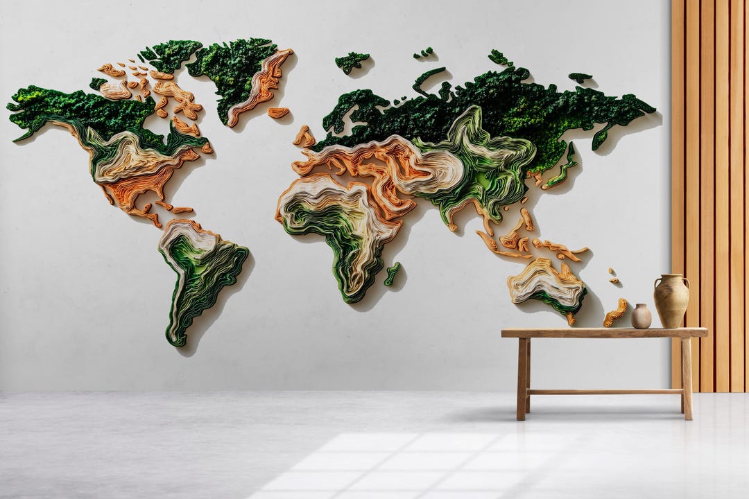 Topographic World Map Wall Mural, 3D Map Wallpaper, Layered World Map ...