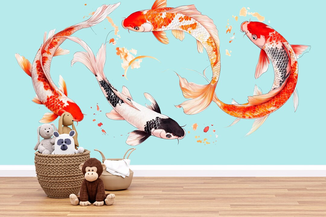 Koi Fish Wall Art Japanese Koi Mural Watercolor Fish Wall Decor 349mv ...