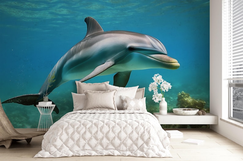 Ocean Dolphin Wall Mural for Bedroom – 3D Underwater Sea Life Wallpaper ...