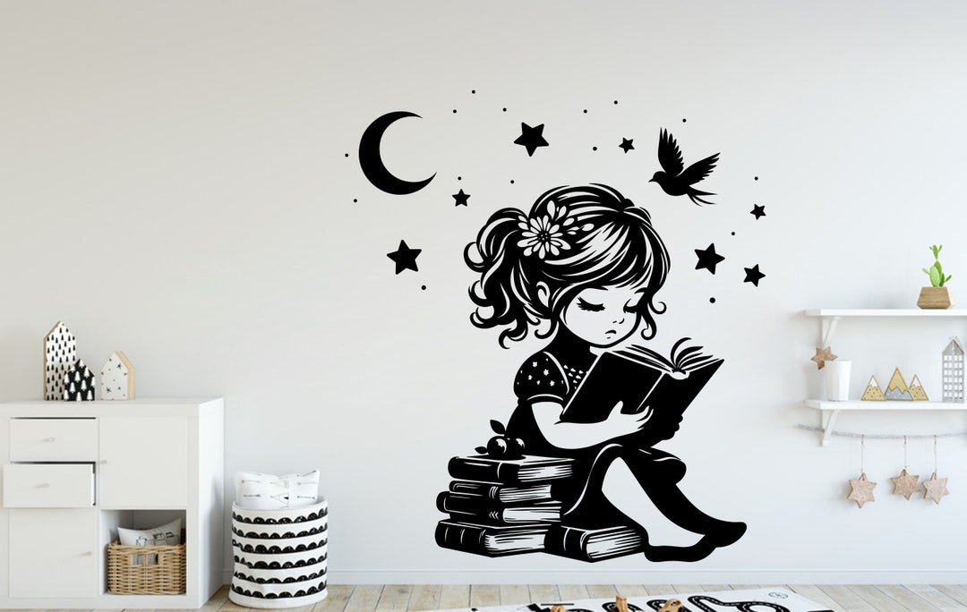 A Little Girl Reading Book Wall Decal Library Wall Decor Reading Wall ...