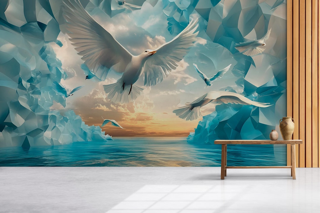 Soaring Birds 3D Wall Mural – Sky & Ocean Scene With White Doves ...
