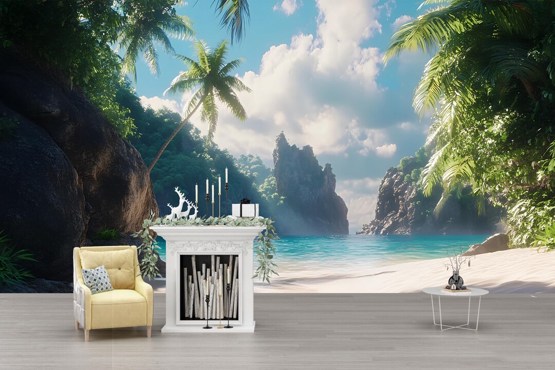 Tropical Beach Wall Mural | 3D Ocean View Wallpaper | Coastal Palm Tree ...