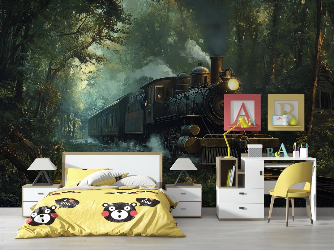 Vintage Steam Train Wall Mural for Kids Room – Adventure Forest Railway ...