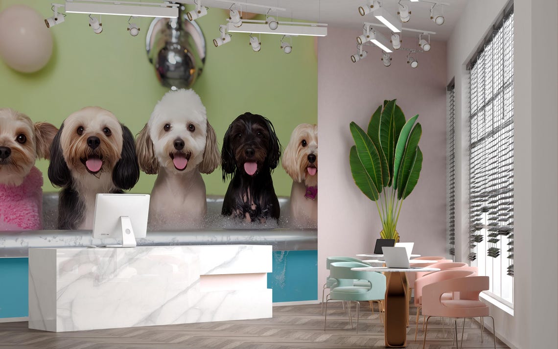 Dog Grooming Salon Wall Mural – Cute Bathing Dogs Wallpaper, Pet Spa ...