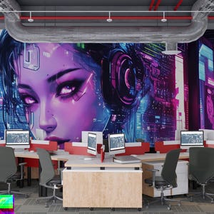 Cyberpunk Office Wall Art - Futuristic Gamer Mural Print - Sci-fi Tech ...