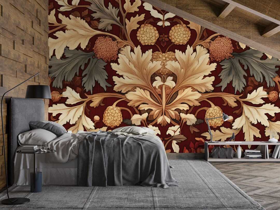 Red Vintage Floral Wall Mural – Elegant Botanical Wallpaper, Dramatic ...