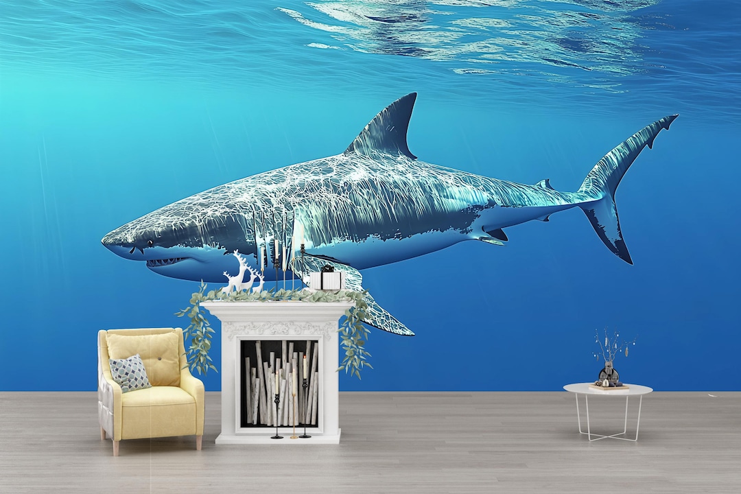 Great White Shark Wall Mural – Ocean Theme Bedroom Decor – Underwater ...
