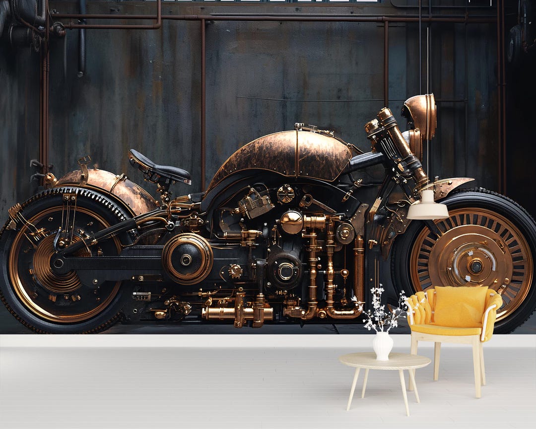 Steampunk Motorcycle Wall Mural | Industrial Office Art | Bold Vintage ...