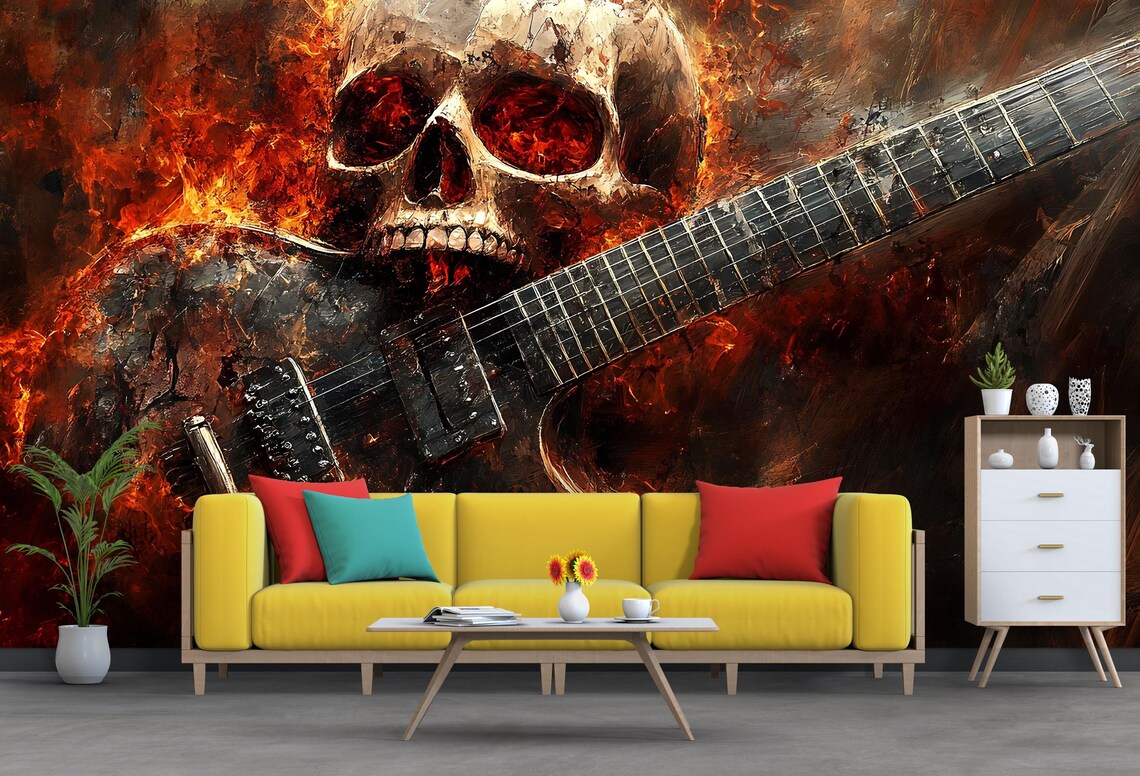 Skull & Guitar Fire Wall Mural – Heavy Metal Rock Bedroom Art Decor ...