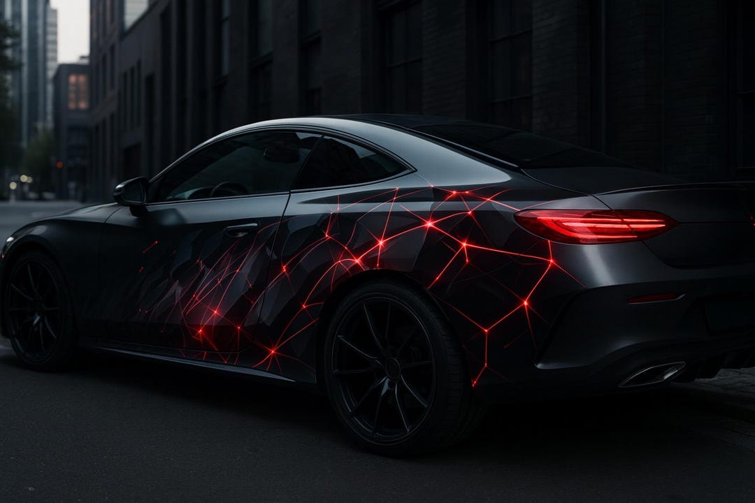Red Tech Grid Car Vinyl Wrap – Futuristic Illuminated Graphic Decal for ...